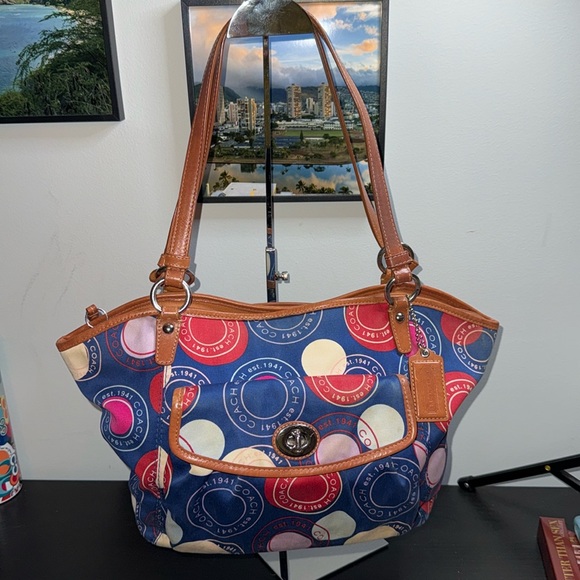 Coach | Bags | Coach Leah Tote Handbag Purse Red White Blue Polka Dot ...